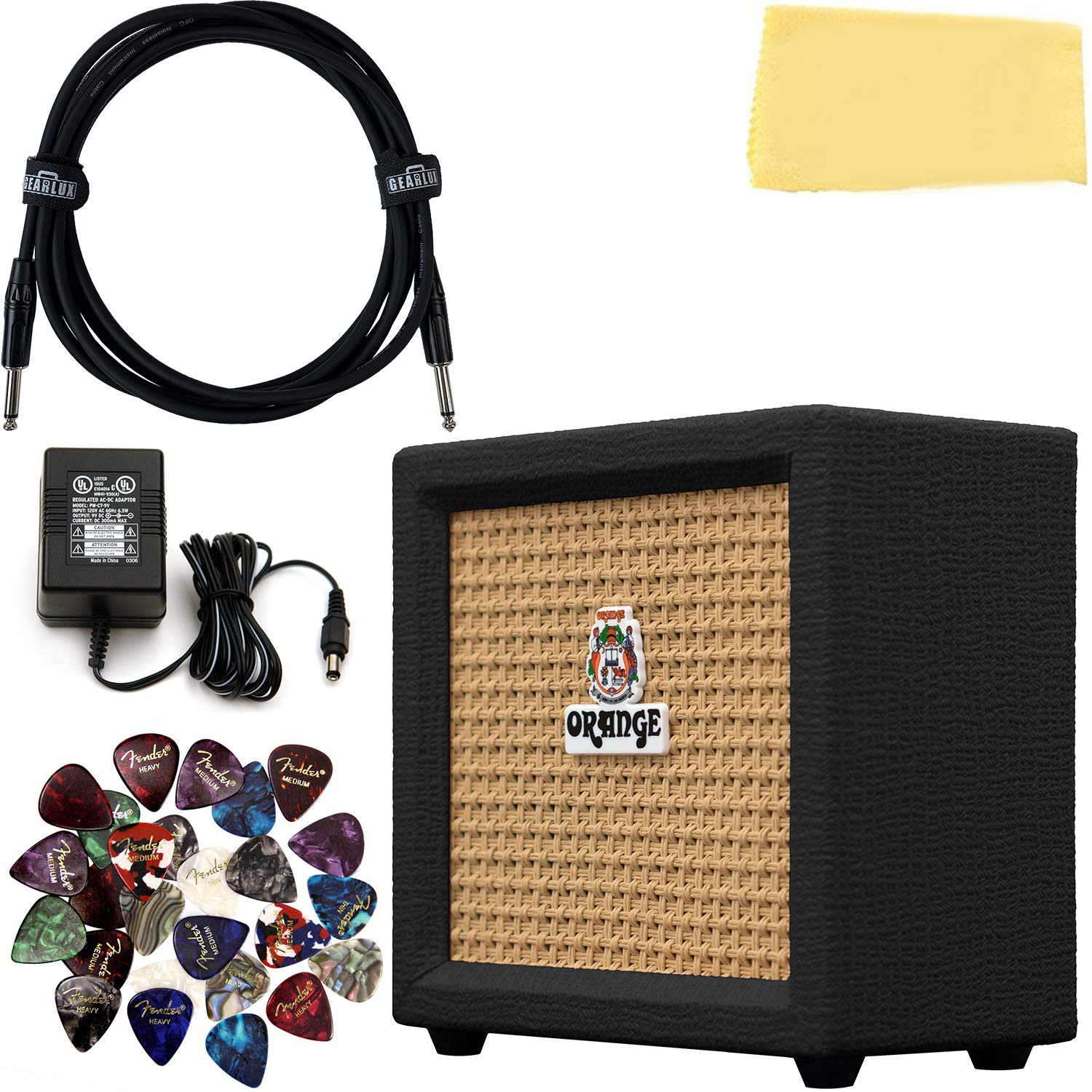 Orange Crush Mini Guitar Combo Amplifier - Black Bundle with Power Supply, Instrument Cable, Picks, and Austin Bazaar Polishing Cloth