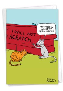 nobleworks - funny new year cartoon greeting card with 5 x 7 inch envelope (1 card) nye holiday stationery gift for adults - cat resoutions c4521nyg