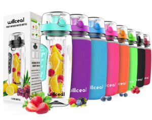 fruit infuser water bottle 32oz willceal- durable, large - bpa free tritan, flip lid, leak proof design - sports, camping (bright teal)