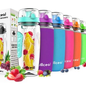 Fruit Infuser Water Bottle 32oz Willceal- Durable, Large - BPA Free Tritan, Flip Lid, Leak Proof Design - Sports, Camping (Bright Teal)