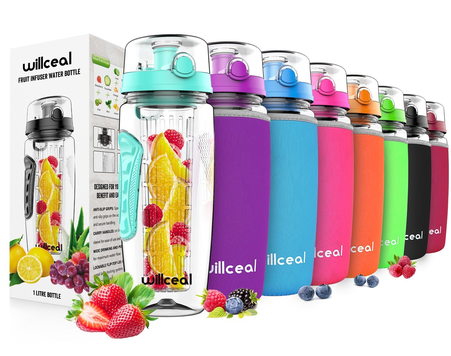 Fruit Infuser Water Bottle 32oz Willceal- Durable, Large - BPA Free Tritan, Flip Lid, Leak Proof Design - Sports, Camping (Bright Teal)