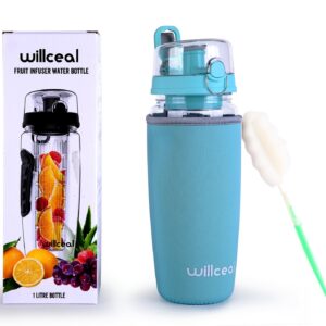 Fruit Infuser Water Bottle 32oz Willceal- Durable, Large - BPA Free Tritan, Flip Lid, Leak Proof Design - Sports, Camping (Bright Teal)