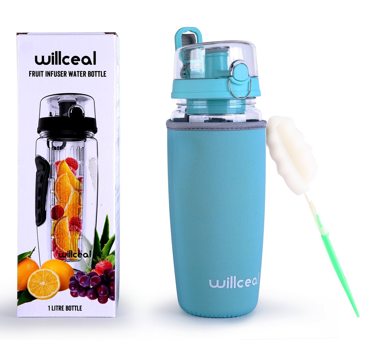 Fruit Infuser Water Bottle 32oz Willceal- Durable, Large - BPA Free Tritan, Flip Lid, Leak Proof Design - Sports, Camping (Bright Teal)