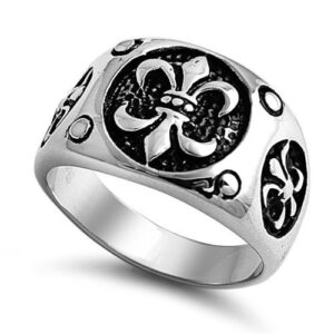 jewelryvolt stainless steel ring heraldry fleur-de-lis signet polished & oxidized casting (circle c 10)