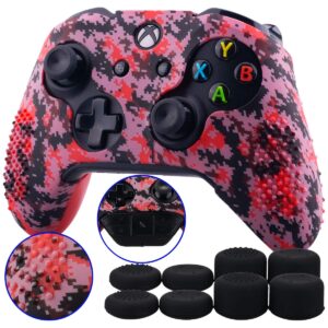 9cdeer 1 piece of studded protective customize digital camo silicone cover skin sleeve case 8 thumb grips analog caps for xbox one/s/x controller red compatible with official stereo headset adapte