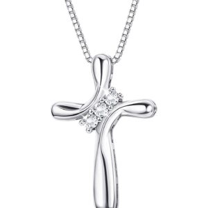 FUNRUN JEWELRY 925 Sterling Silver Cross Necklace for Women 3-Stone Cubic Zirconia Silver Cross Pendant Necklaces with 1MM Box Chain,18 Inches