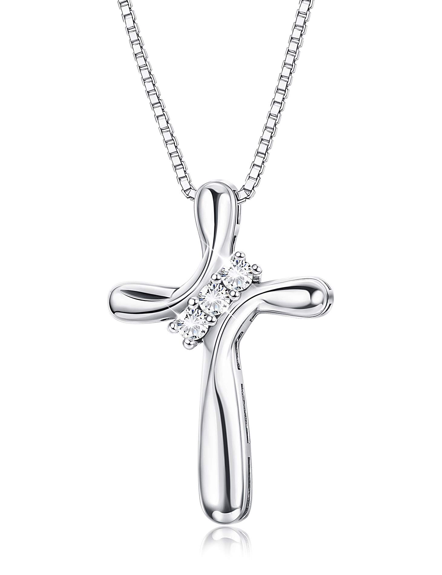 FUNRUN JEWELRY 925 Sterling Silver Cross Necklace for Women 3-Stone Cubic Zirconia Silver Cross Pendant Necklaces with 1MM Box Chain,18 Inches