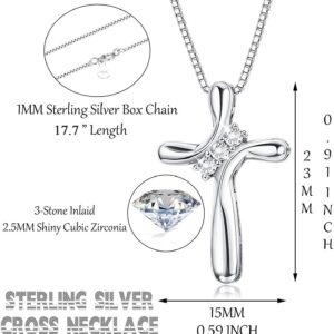 FUNRUN JEWELRY 925 Sterling Silver Cross Necklace for Women 3-Stone Cubic Zirconia Silver Cross Pendant Necklaces with 1MM Box Chain,18 Inches