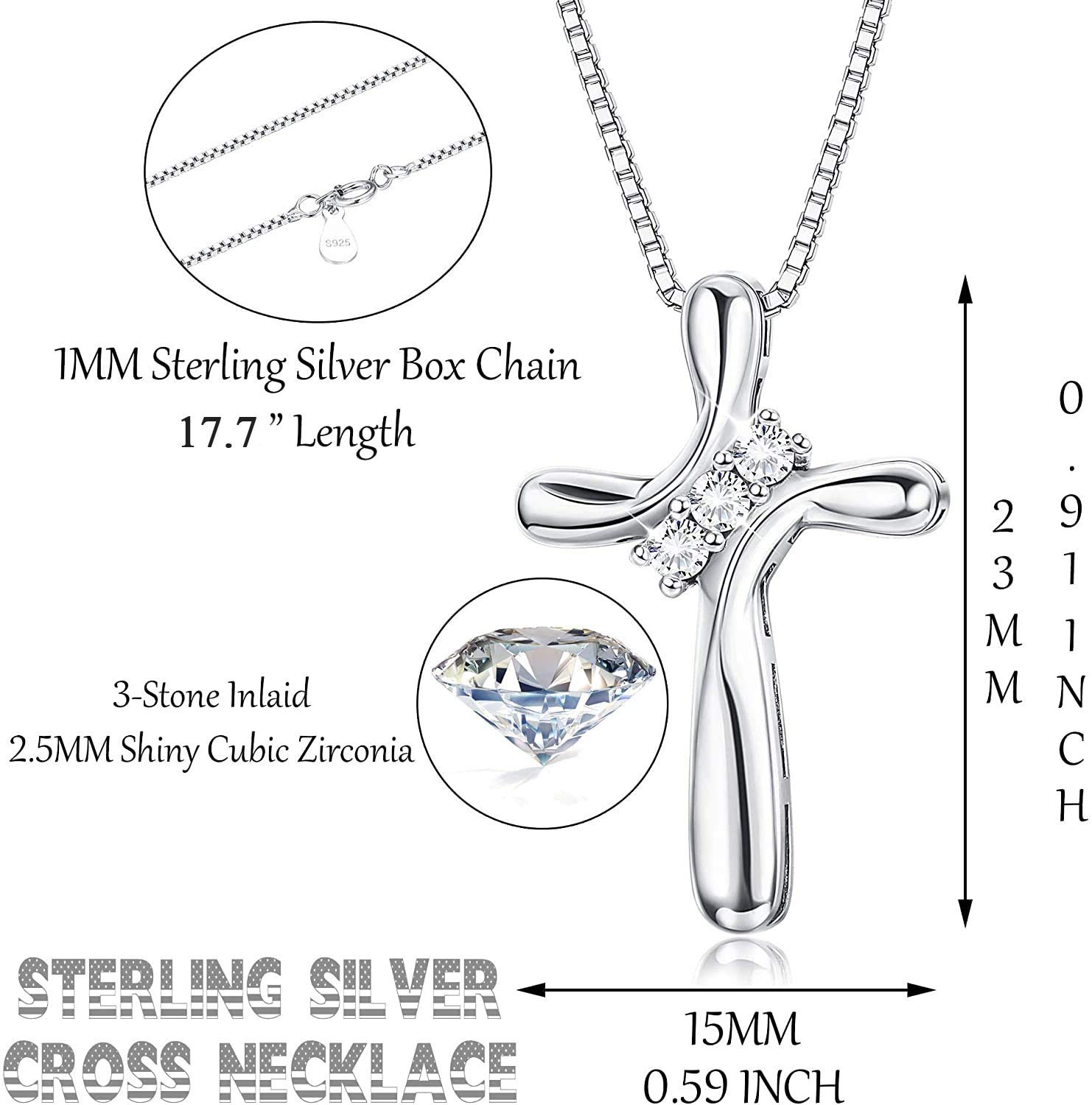 FUNRUN JEWELRY 925 Sterling Silver Cross Necklace for Women 3-Stone Cubic Zirconia Silver Cross Pendant Necklaces with 1MM Box Chain,18 Inches