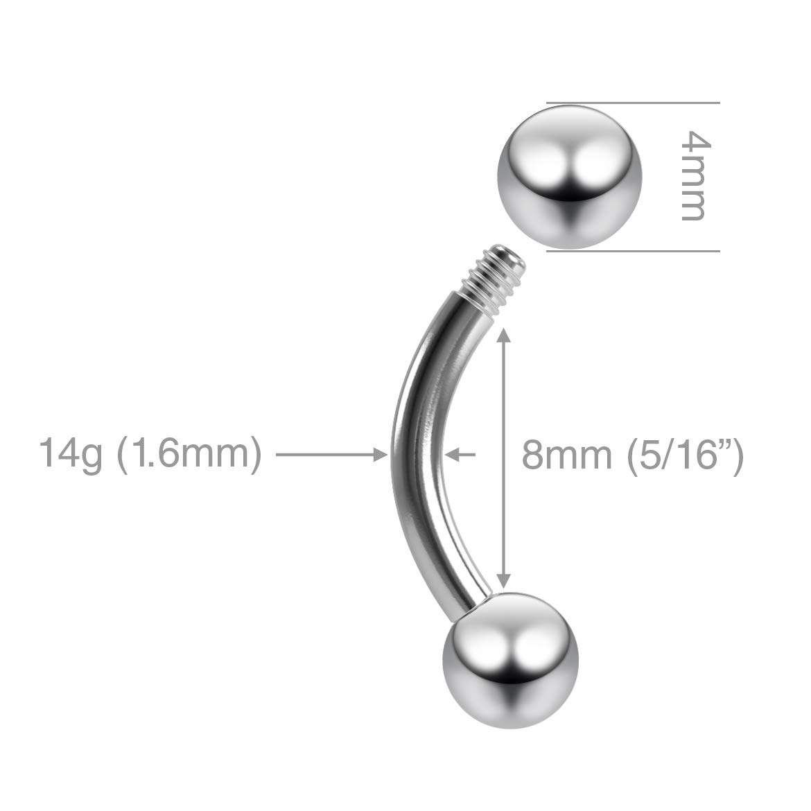 4pc Curved Barbell 14g J Curve Banana Earrings Ring Daith Eyebrow Helix 16 Gauage Surgical Steel 6mm