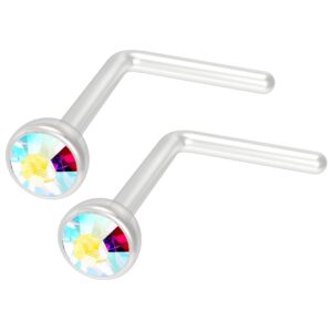 evonix aurora borealis ab crystal l-shape nose ring 20g bend flexible bioflex small plastic studs clear