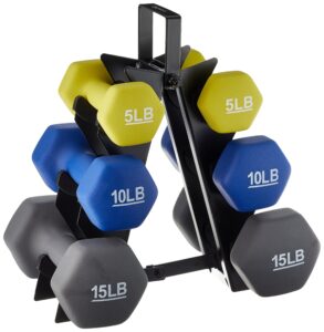 amazon basics neoprene dumbbell hand weights, rack with 3 pairs (5, 10, and 15 pound), green/blue/grey