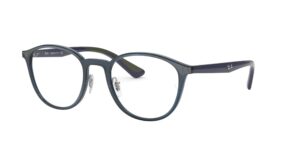 ray-ban rx7156 round prescription eyeglass frames, transparent dark blue/demo lens, 53 mm