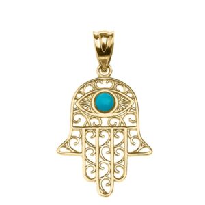 fine 10k yellow gold hamsa hand with blue stone evil eye pendant