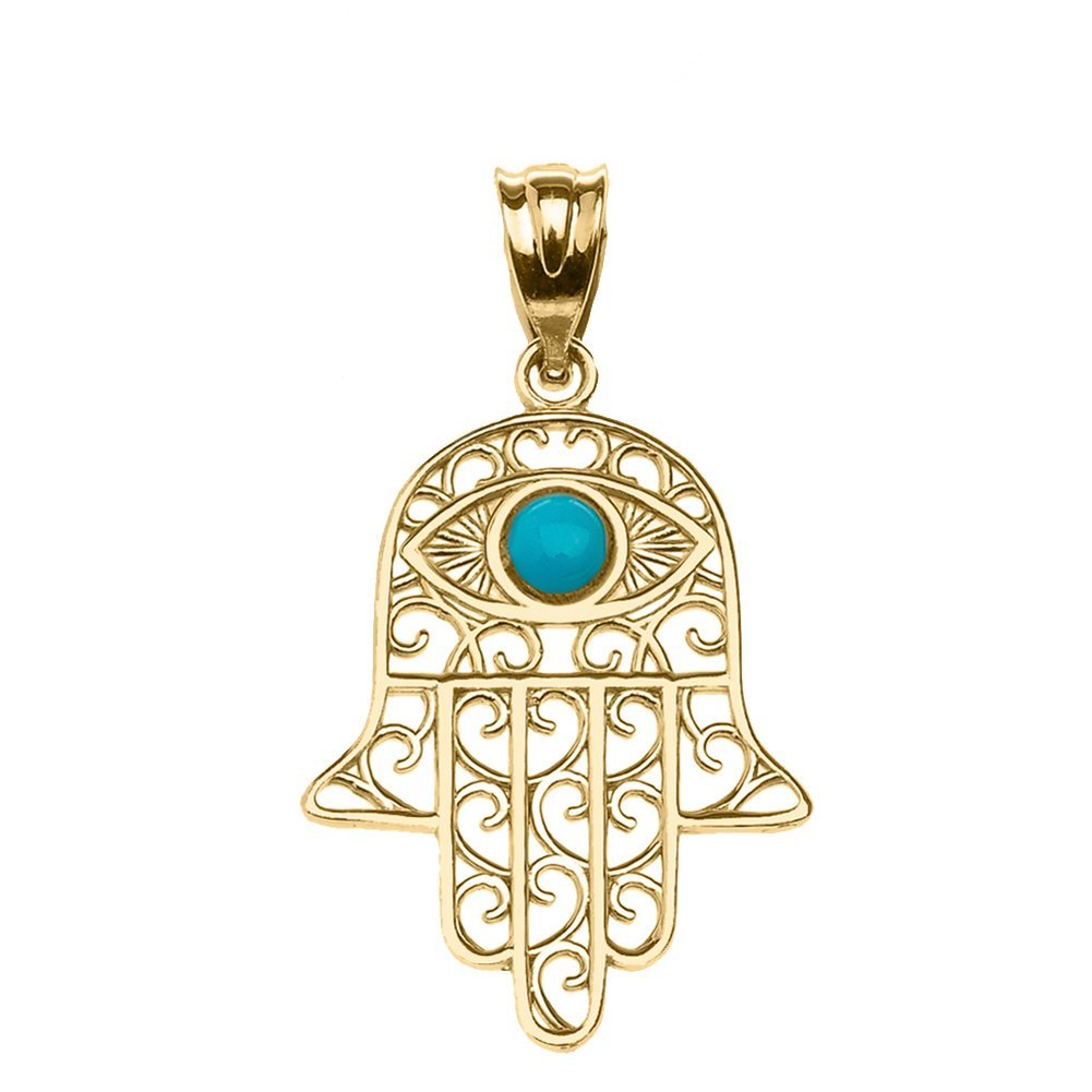 Fine 10k Yellow Gold Hamsa Hand with Blue Stone Evil Eye Pendant