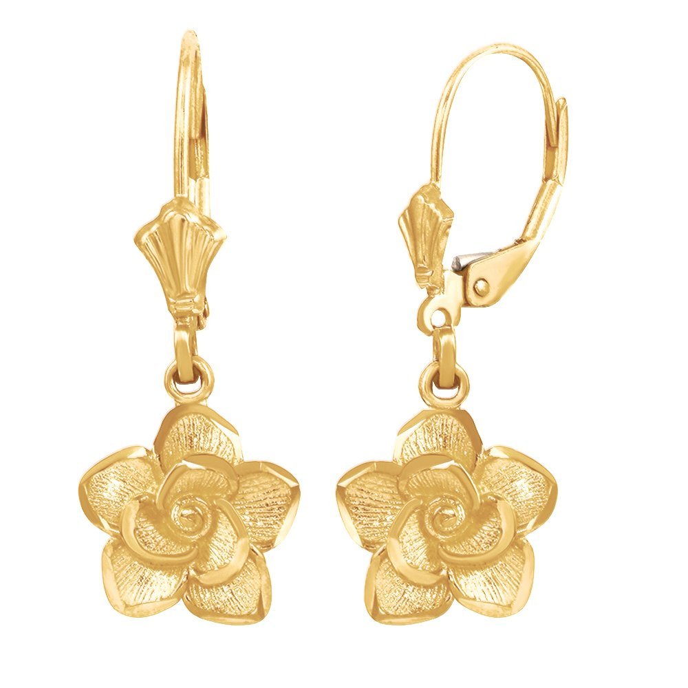 10K Yellow Gold 1” Long Carved Rose Flower Blossom Dangle Style Leverback Earrings