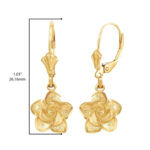 10K Yellow Gold 1” Long Carved Rose Flower Blossom Dangle Style Leverback Earrings