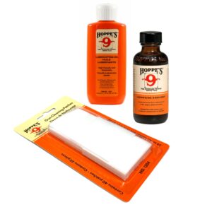 hoppes cleaning kit - compact size for range bags - includes gun bore cleaner and hoppes gun oil bundled with 40 hoppes gun cleaning patches for 9mm .38 to .45cal and .410 to 20ga