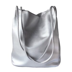 silver tote bag for women metallic purse large shoulder handbags for ladies soft leather hobo bucket bags