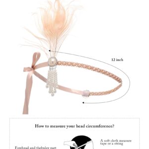 SWEETV 1920s Headpiece Flapper Headband, Pearl Peacock Feather Hair Band, Great Gatsby Accessoreis for Women, Blush Pink