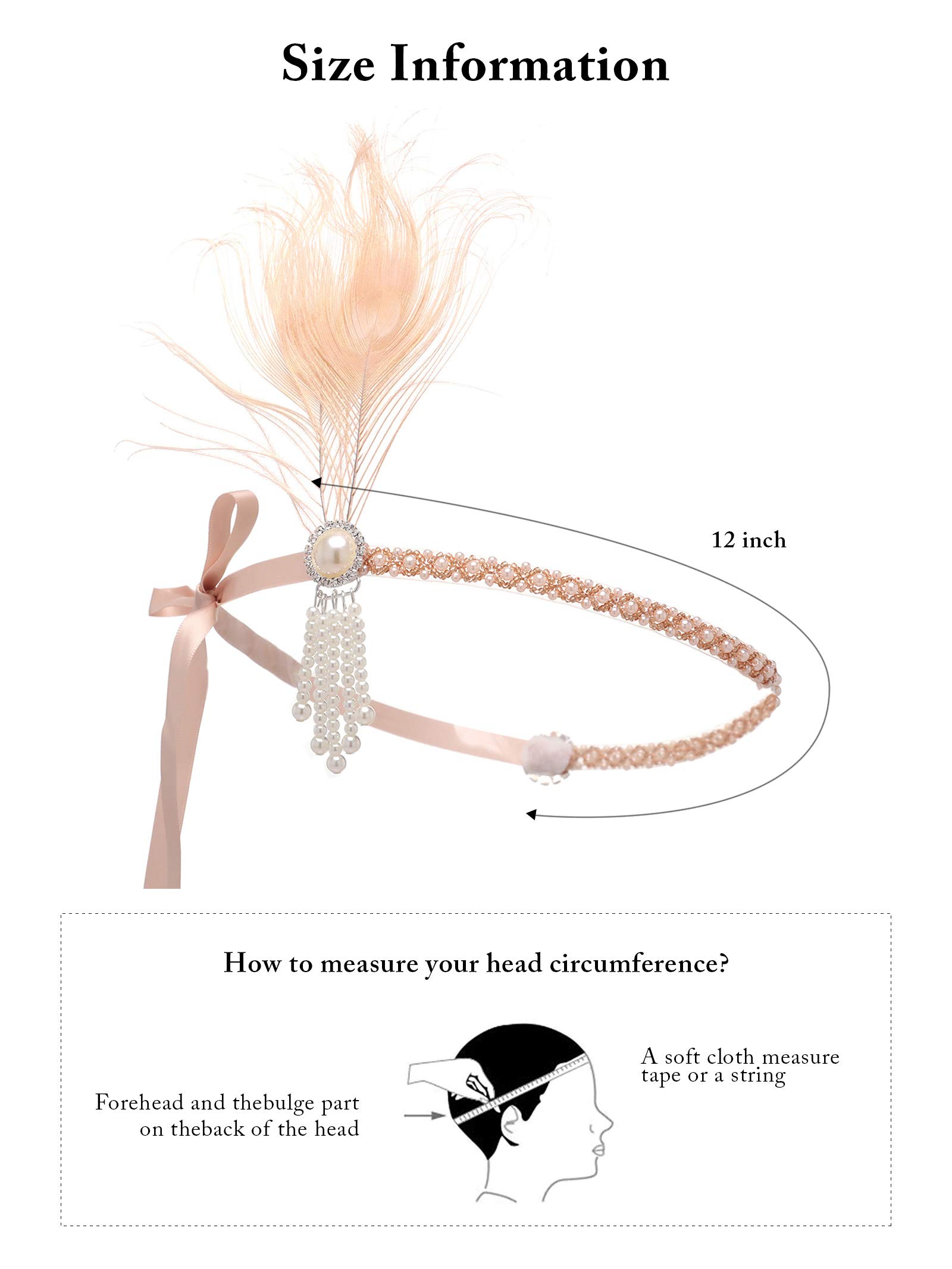 SWEETV 1920s Headpiece Flapper Headband, Pearl Peacock Feather Hair Band, Great Gatsby Accessoreis for Women, Blush Pink