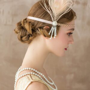 SWEETV 1920s Headpiece Flapper Headband, Pearl Peacock Feather Hair Band, Great Gatsby Accessoreis for Women, Blush Pink