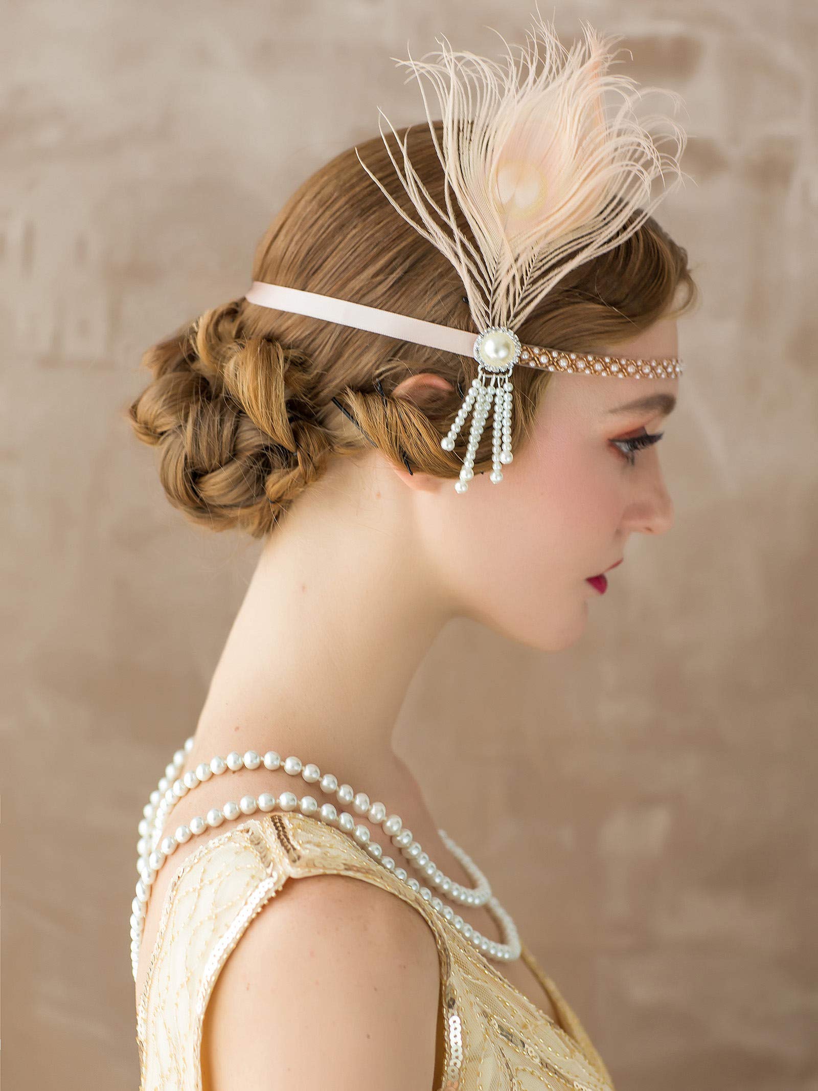 SWEETV 1920s Headpiece Flapper Headband, Pearl Peacock Feather Hair Band, Great Gatsby Accessoreis for Women, Blush Pink