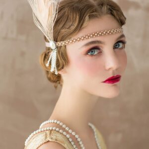 SWEETV 1920s Headpiece Flapper Headband, Pearl Peacock Feather Hair Band, Great Gatsby Accessoreis for Women, Blush Pink