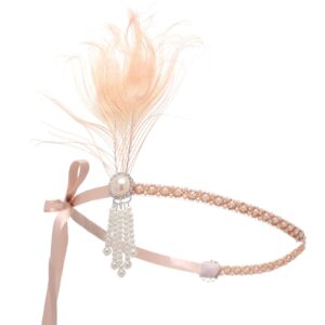 SWEETV 1920s Headpiece Flapper Headband, Pearl Peacock Feather Hair Band, Great Gatsby Accessoreis for Women, Blush Pink