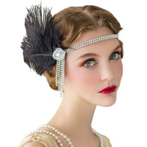 sweetv flapper headbands womens 1920s headpiece great gatsby inspired feather headband cocktail party rhinestone hair accessories for women, black