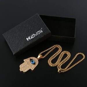 HZMAN 18k Gold Plated Iced Out CZ Stainless Steel Blue Evil Eye Beads Fatima Hamsa Hand Pendant Necklace (Gold)