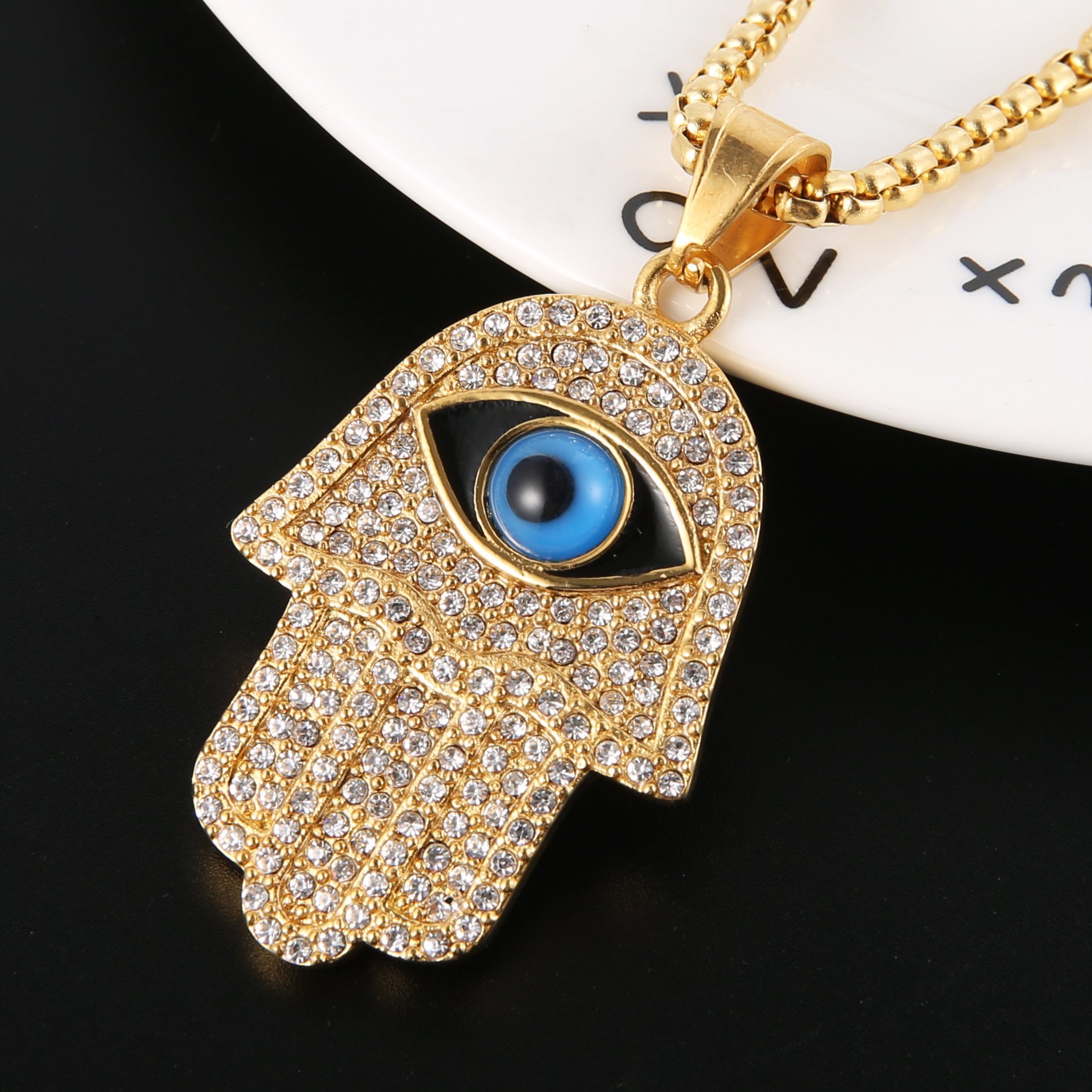 HZMAN 18k Gold Plated Iced Out CZ Stainless Steel Blue Evil Eye Beads Fatima Hamsa Hand Pendant Necklace (Gold)