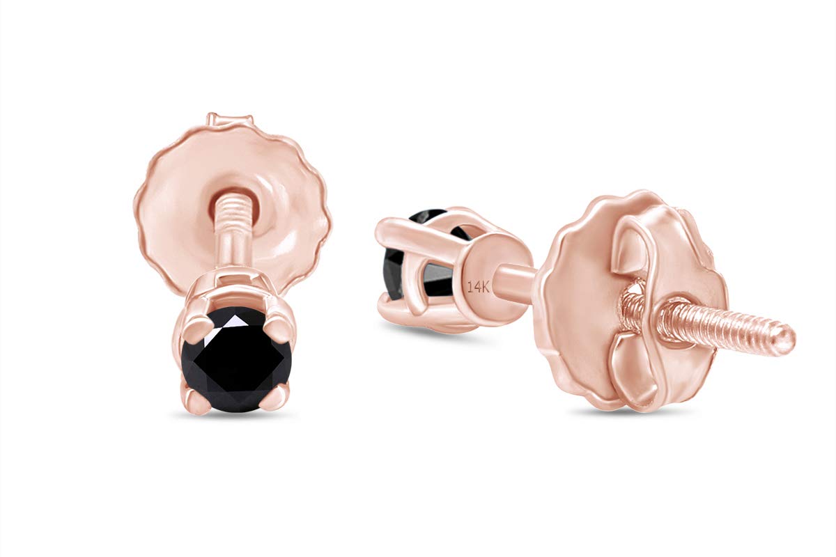 Round Cut Black Natural Diamond Screw Back Stud Earrings In 14k Solid Rose Gold (0.25 cttw)