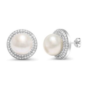 Gem Stone King 925 Sterling Silver 9MM Cultured Freshwater Pearl Button Stud Earrings For Women