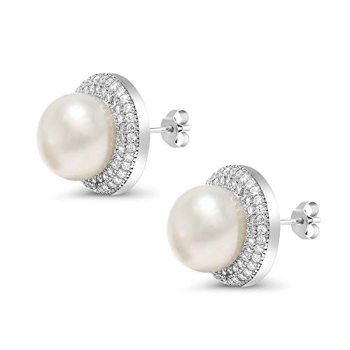 Gem Stone King 925 Sterling Silver 9MM Cultured Freshwater Pearl Button Stud Earrings For Women