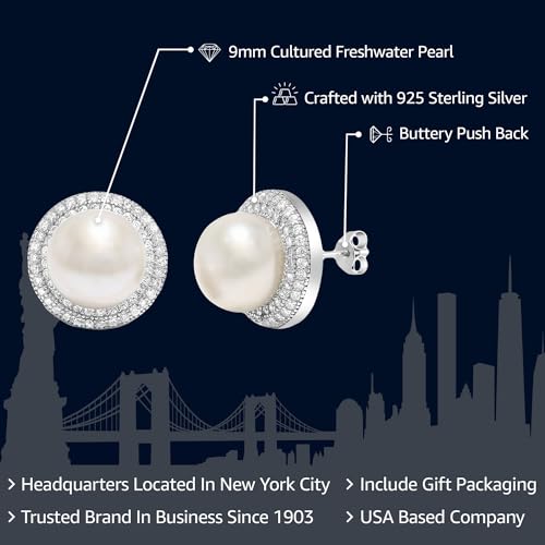 Gem Stone King 925 Sterling Silver 9MM Cultured Freshwater Pearl Button Stud Earrings For Women