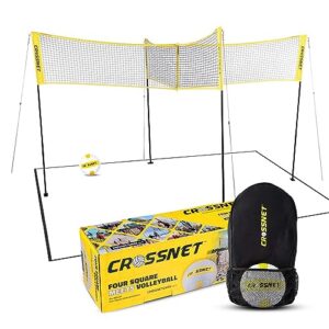 crossnet quick assemble 4 square volleyball game set for adults and kids with volleyball net, backpack and ball for outdoor games