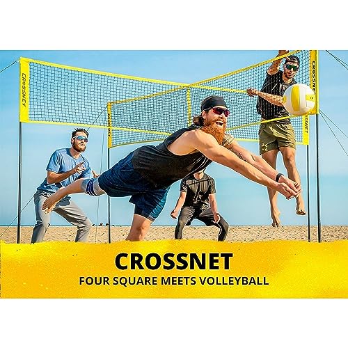 CROSSNET Quick Assemble 4 Square Volleyball Game Set for Adults and Kids with Volleyball Net, Backpack and Ball for Outdoor Games