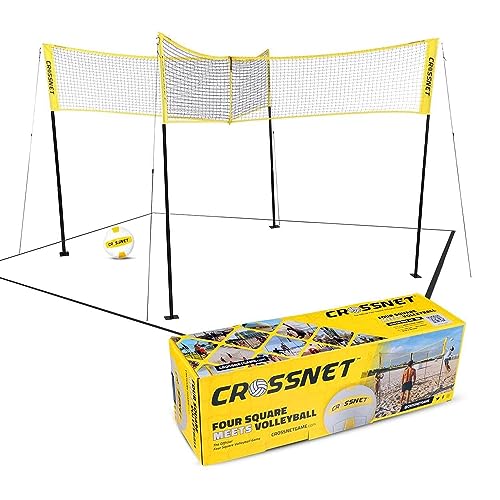 CROSSNET Quick Assemble 4 Square Volleyball Game Set for Adults and Kids with Volleyball Net, Backpack and Ball for Outdoor Games