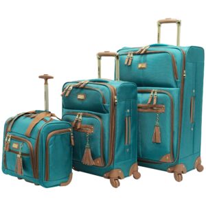 steve madden designer luggage collection- 3 piece softside expandable lightweight spinner suitcases- travel set includes under seat bag, 20-inch carry on & 28-inch checked suitcase (harlo teal blue)