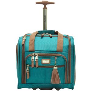 steve madden Designer Luggage Collection- 3 Piece Softside Expandable Lightweight Spinner Suitcases- Travel Set includes Under Seat Bag, 20-Inch Carry on & 28-Inch Checked Suitcase (Harlo Teal Blue)