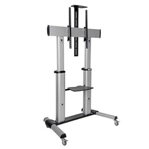 tripp lite mobile tv stand with mount, for led/oled/lcd flat screen monitors, 60” – 100” televisions, shelf & locking wheels, silver, 5-year warranty (dmcs60100xx)