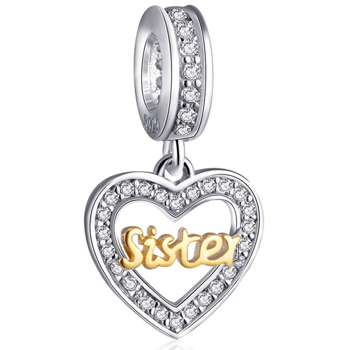 2 Tone Sister Love Heart Charms for Women - 925 Sterling Silver Big/Little Sis Pendant Goddess Beads - fits Pandora Mothers Day Bracelet, Gifts for Birthday/Christmas/Sister in Law