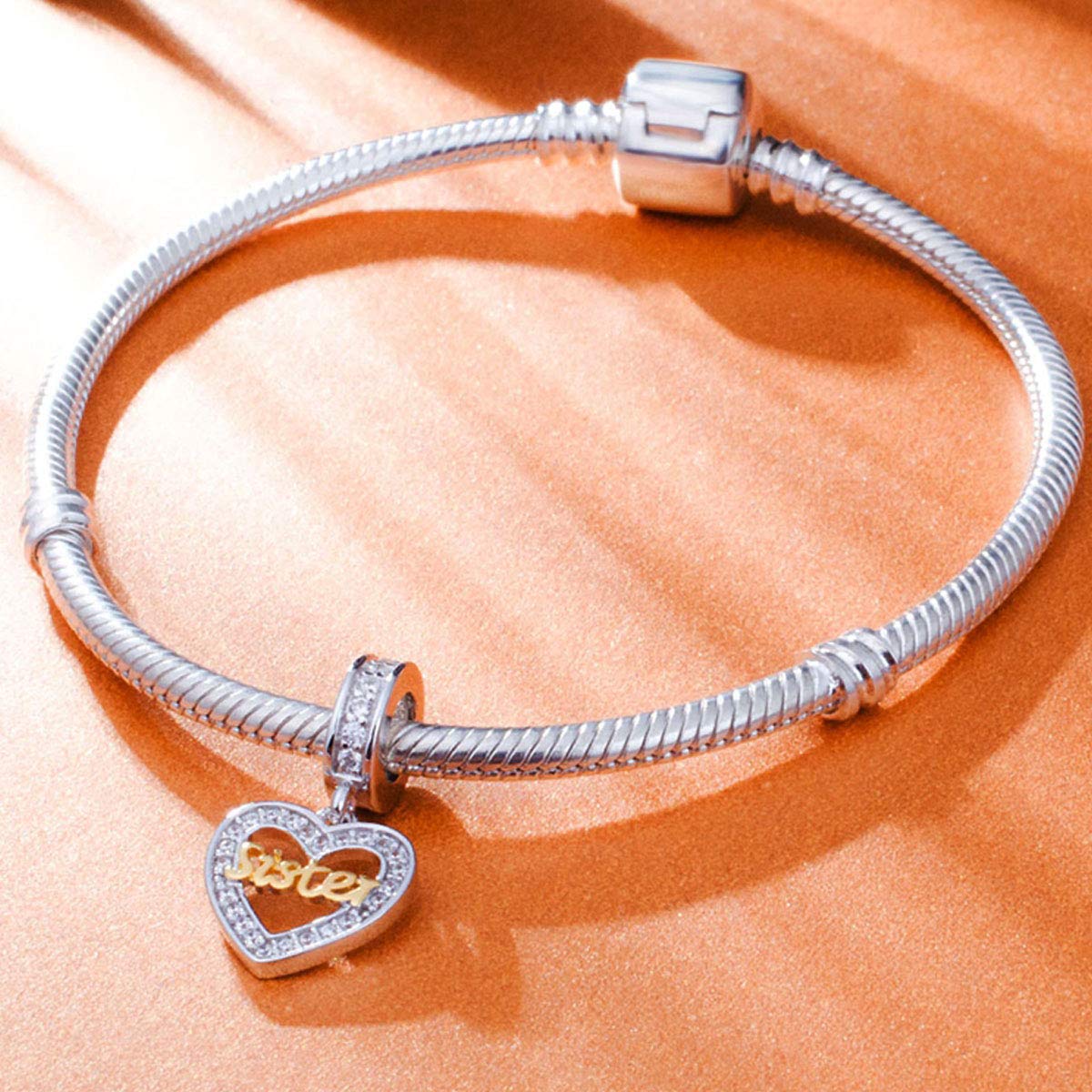 2 Tone Sister Love Heart Charms for Women - 925 Sterling Silver Big/Little Sis Pendant Goddess Beads - fits Pandora Mothers Day Bracelet, Gifts for Birthday/Christmas/Sister in Law