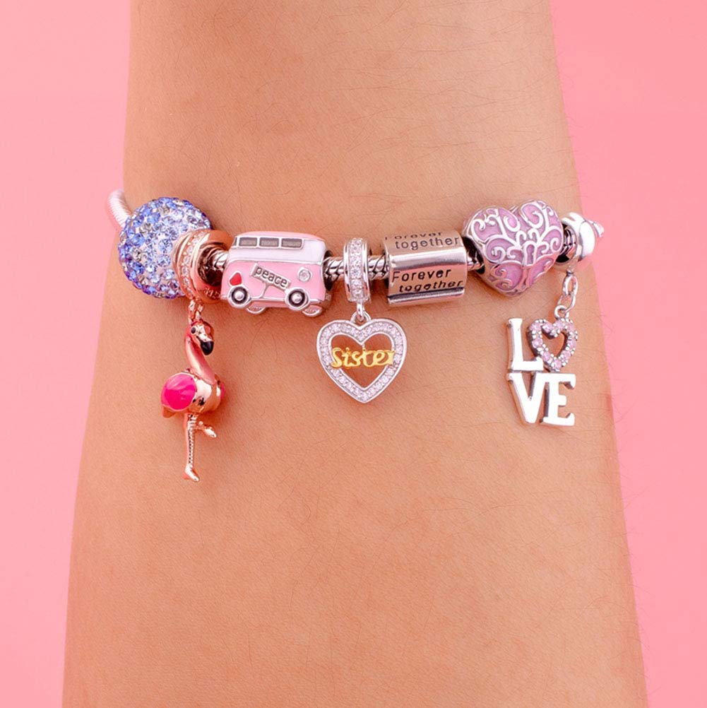 2 Tone Sister Love Heart Charms for Women - 925 Sterling Silver Big/Little Sis Pendant Goddess Beads - fits Pandora Mothers Day Bracelet, Gifts for Birthday/Christmas/Sister in Law