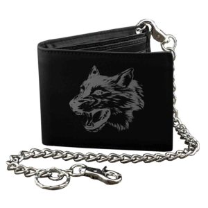 wolf design leather mens bi-fold wallet black w/ biker long chain