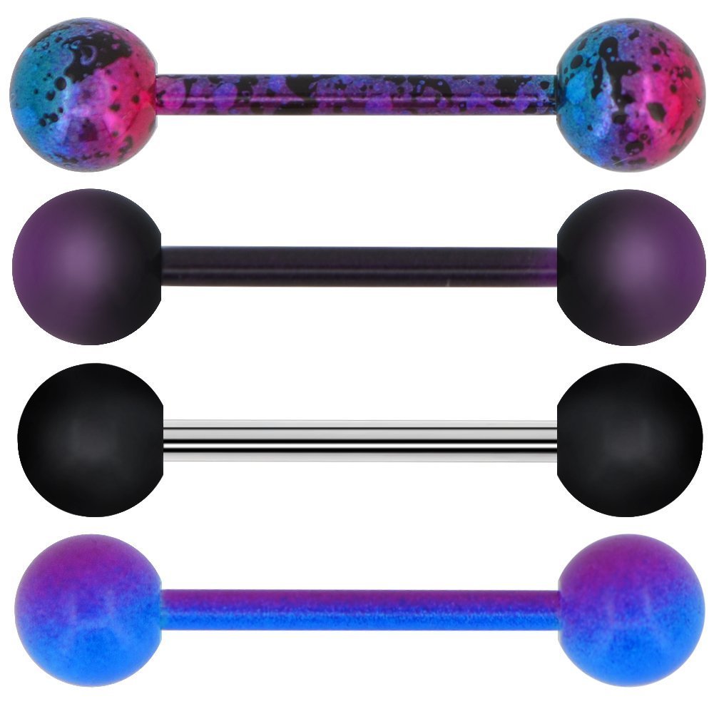 OUFER 4 PCS Stainless Steel 14G Barbell Tongue Rings Purple Black Splatter Tongue Barbell Tongue Piercing Jewelry