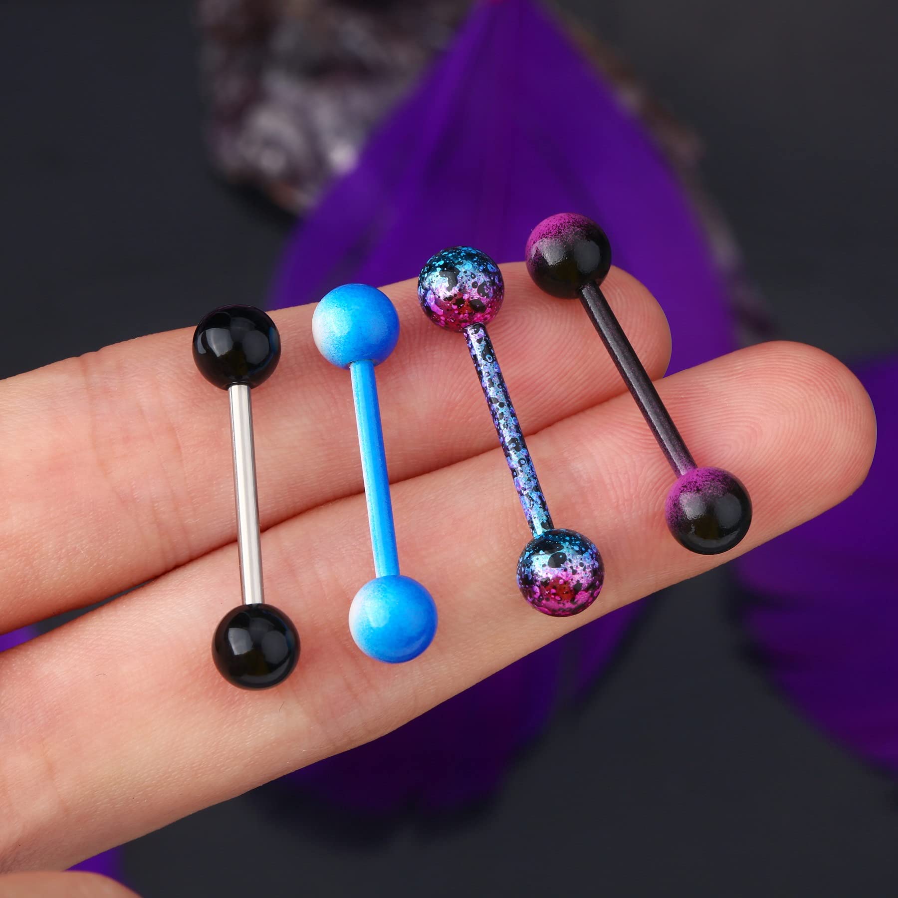 OUFER 4 PCS Stainless Steel 14G Barbell Tongue Rings Purple Black Splatter Tongue Barbell Tongue Piercing Jewelry