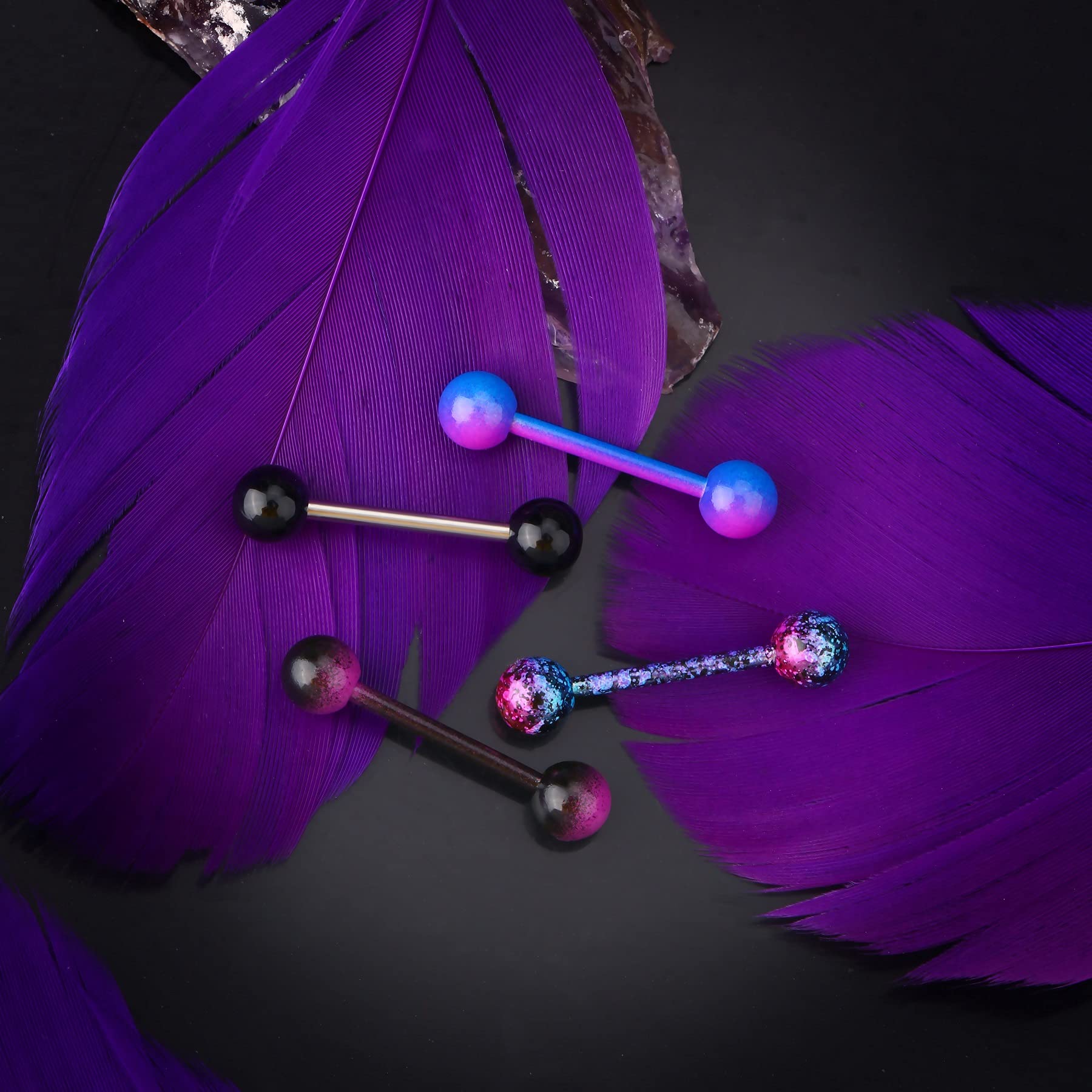 OUFER 4 PCS Stainless Steel 14G Barbell Tongue Rings Purple Black Splatter Tongue Barbell Tongue Piercing Jewelry