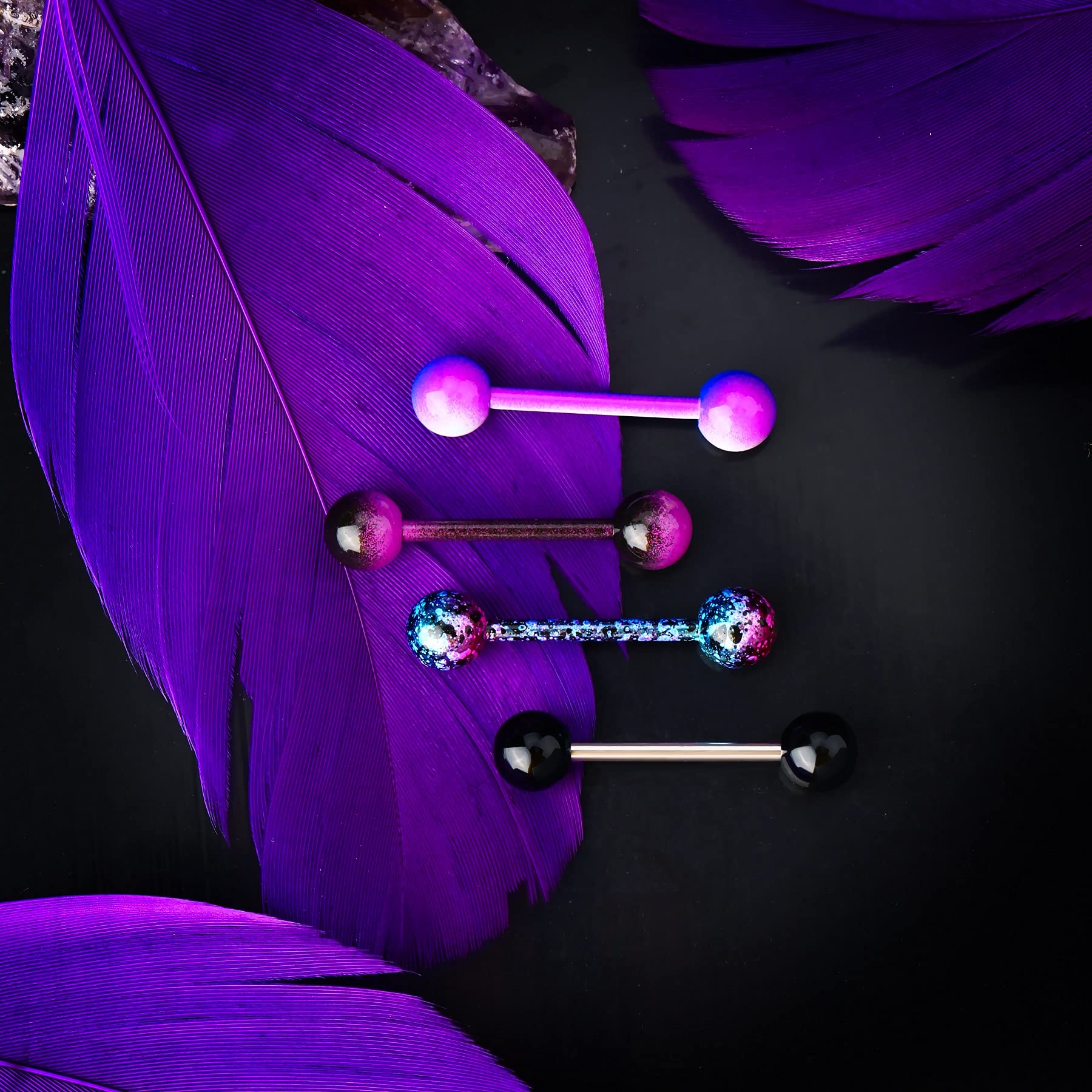 OUFER 4 PCS Stainless Steel 14G Barbell Tongue Rings Purple Black Splatter Tongue Barbell Tongue Piercing Jewelry